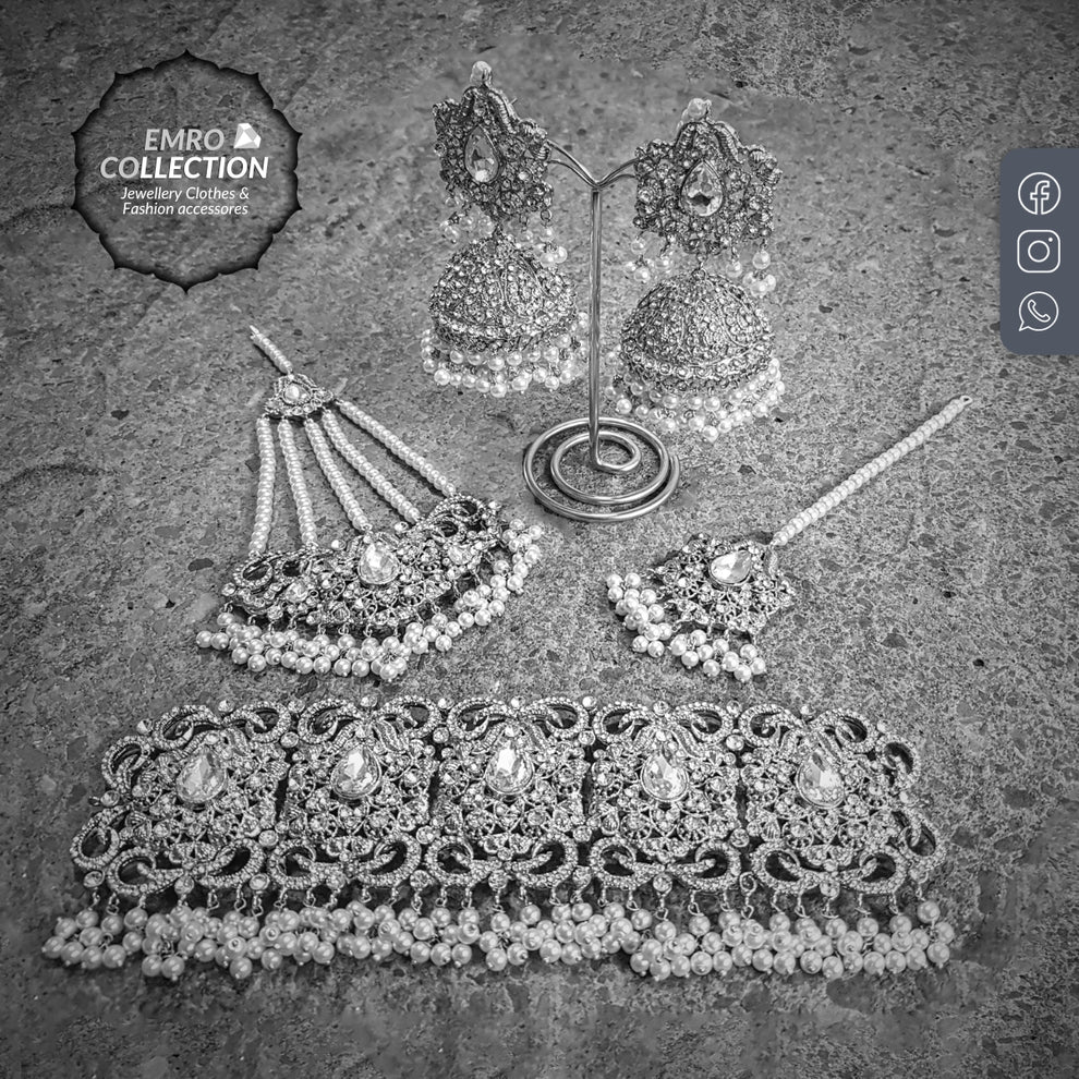 High-End Pakistani Jewelry: Silver Bridal Choker Set – Emro Collection